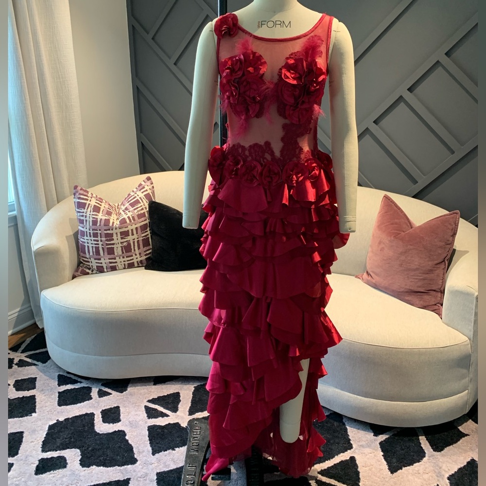 Red Evening Maxi Gown With A Sheer Open Back - Gem